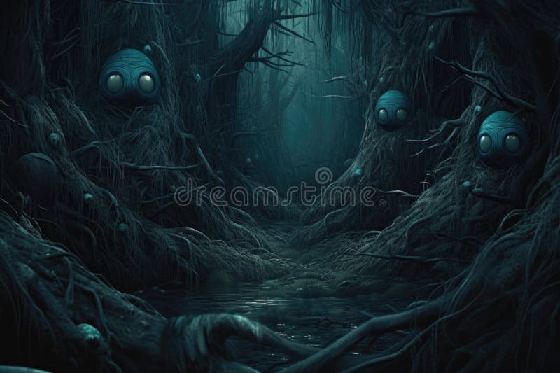Dark Mysterious Forest with Eerie Glowing Eyes Stock Image - Image of ...