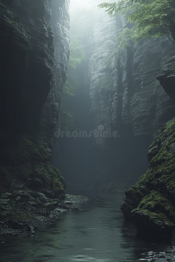Mysterious Forest Path with Misty Stream and Sunlight Stock ...