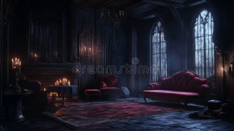 A Dark and Mysterious Gothic Room with a Red Velvet Couch and a ...