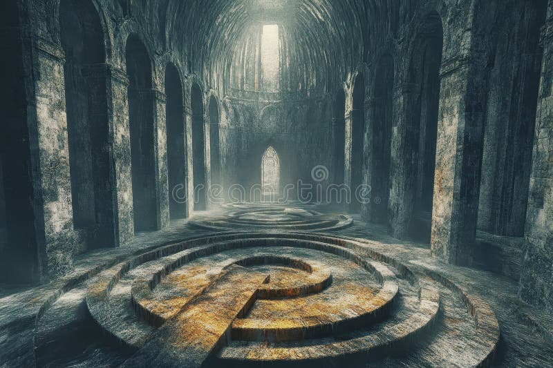 A Stone Hallway with Circular Pattern in the Floor Stock Illustration ...