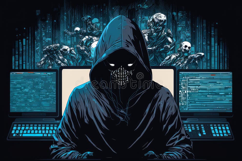 Dark and Mysterious Illustration of a Masked Hacker Typing Away at a ...