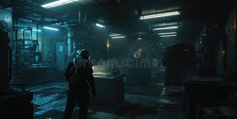 Dark and Mysterious Industrial Space with Characters Exploring in Dim ...
