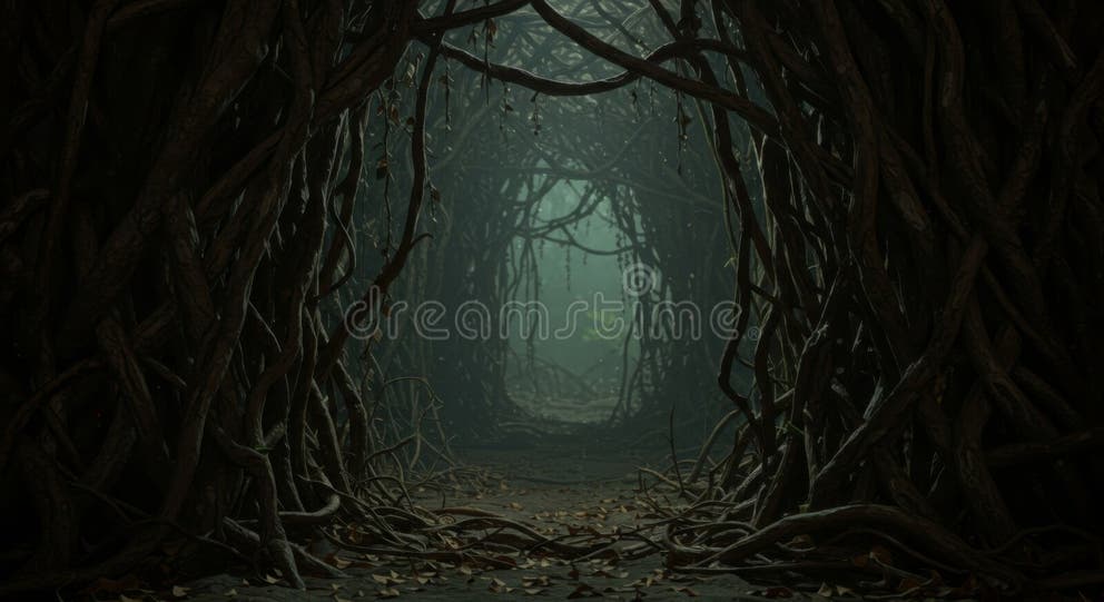 Dark Mysterious Jungle Path with Overhanging Vines Stock Illustration ...