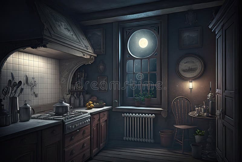 A Dark and Mysterious Kitchen, with the only Light Provided by the Moon ...