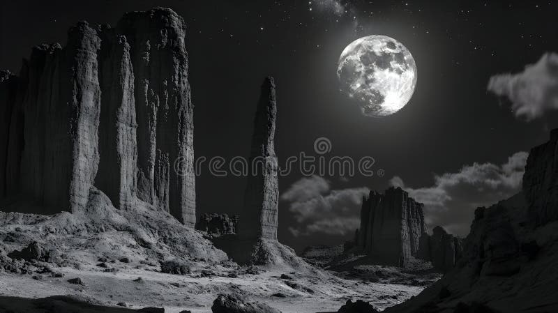 Dark and Mysterious Moonlit Landscape with Jagged Mountains and Rough ...