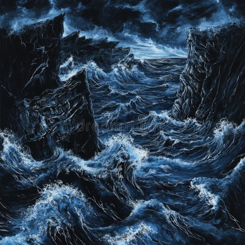 A Dark, Mysterious Ocean Wave Illustration with Waves Crashing Against ...
