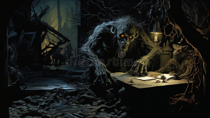 Dark and Mysterious Satire Artwork: Undead Creature at Desk Stock ...