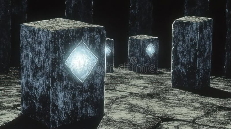 A Dark, Mysterious Setting Featuring Illuminated Stone Monoliths ...