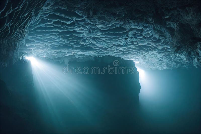 Underwater Cave with School of Fish Swimming through the Entrance Stock ...
