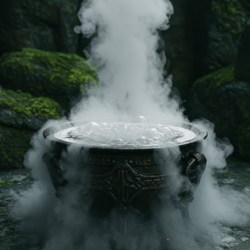 Dark Mystical Cauldron with Steam in a Mossy Stone Setting Stock ...