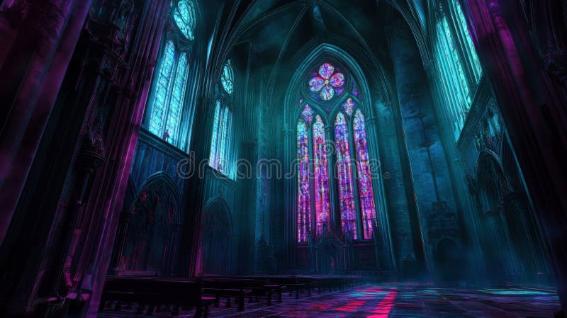 A Dark and Mystical Gothic Cathedral Interior with Stained Glass ...
