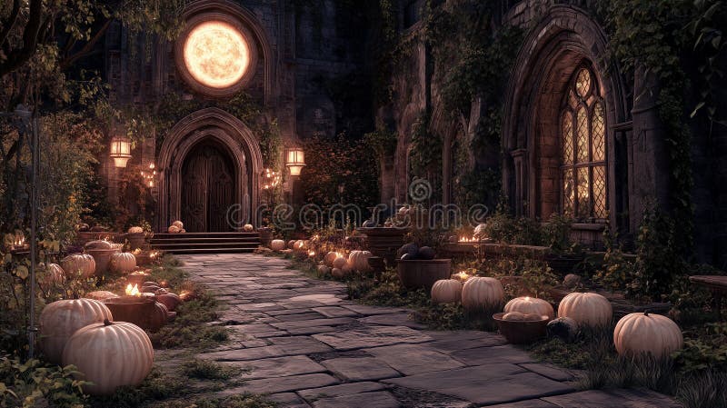 A Dark, Mystical Pathway with Pumpkins and Gothic Architecture at Dusk ...