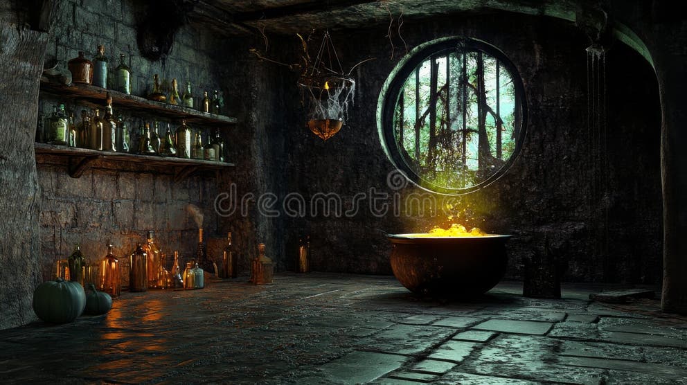 A Dark and Mystical Potion Room with a Cauldron Bubbling Stock ...
