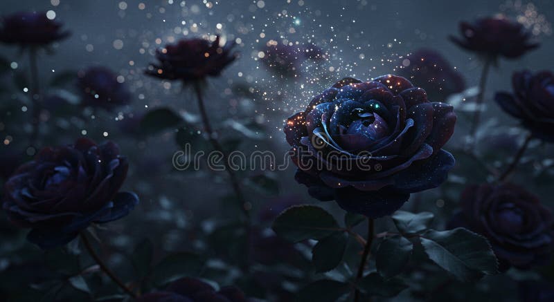 A Dark, Mystical Scene Featuring Several Deep Blue Roses with a ...