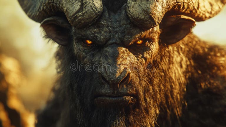 Dark Mythical Goat Creature with Horns, Intense Glowing Eyes, Dramatic ...