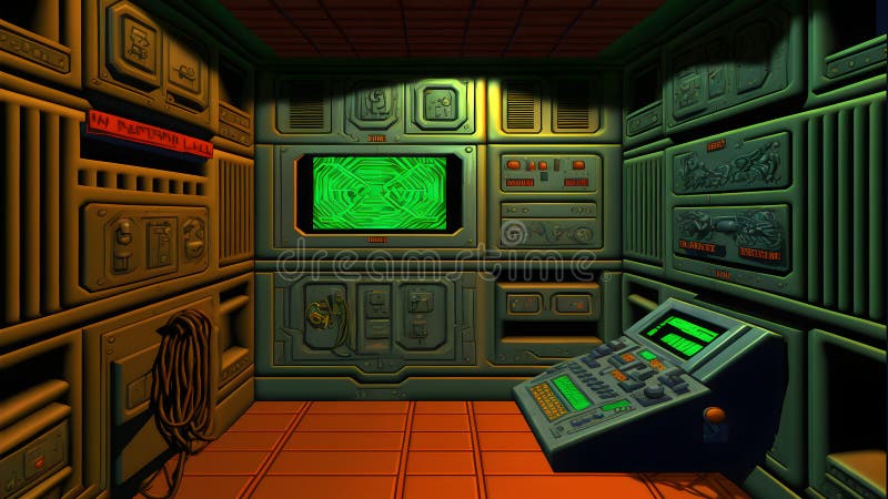 Dark Sci-fi Narrow Space Station Interior in Green Colors, Neural ...