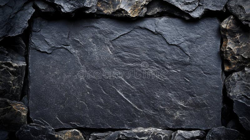 Dark Natural Stone Surface Surrounded by Rough Rocky Edges, Showcasing Detailed Texture of Solid ...