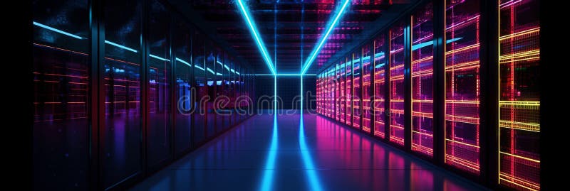Dark with Neon Blue, Pink Lights Server Room Data Center Storage ...