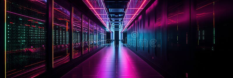 Dark with Neon Blue, Pink Lights Server Room Data Center Storage ...