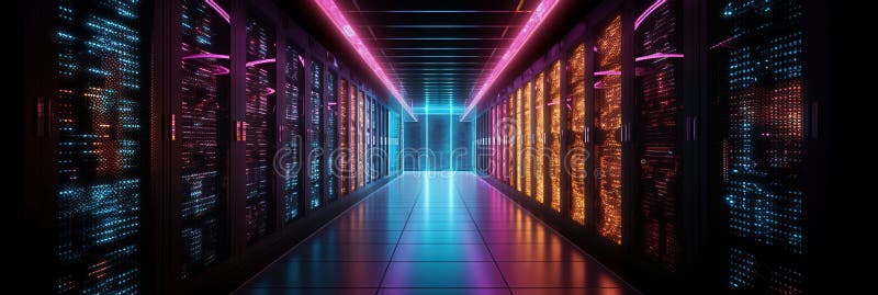Dark with Neon Blue, Pink Lights Server Room Data Center Storage ...