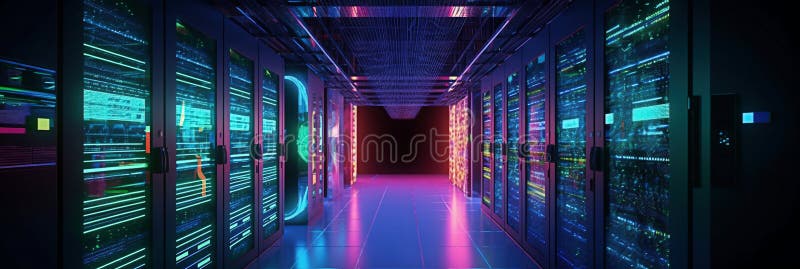 Dark with Neon Blue, Pink Lights Server Room Data Center Storage ...