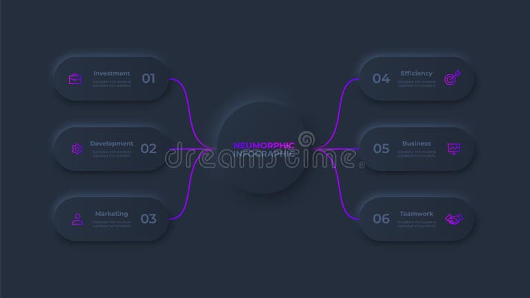 Dark Neumorphic Flowchart Infographic. Business Data Visualization with 6 Steps Stock Vector ...