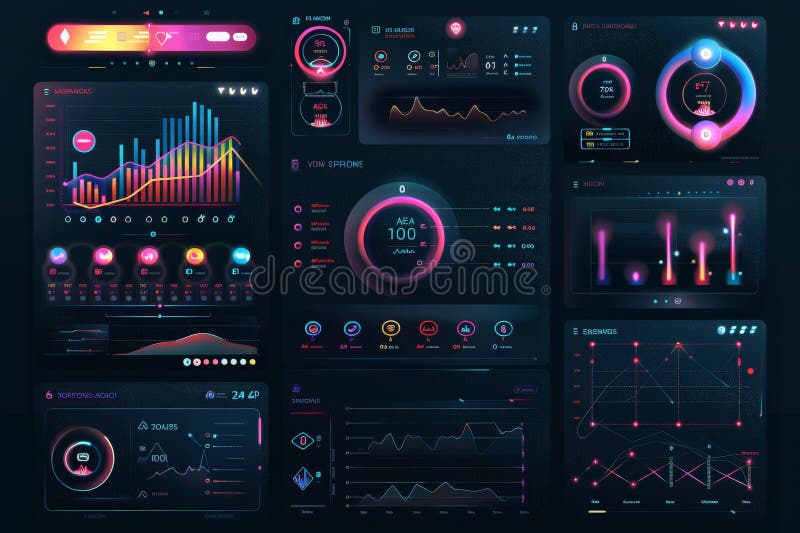 Dark Neumorphic User Interface Elements with Neon Buttons and Bars ...