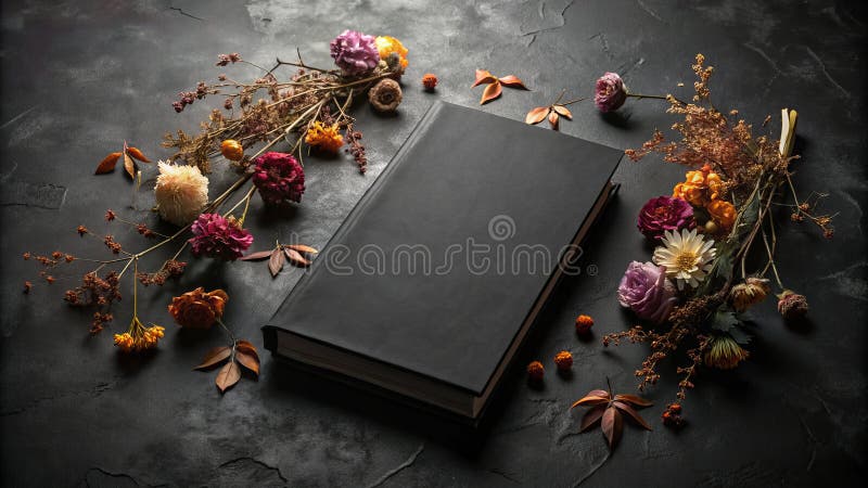 Dark Night Book Mockup with Dried Flowers a Captivating Visual for ...