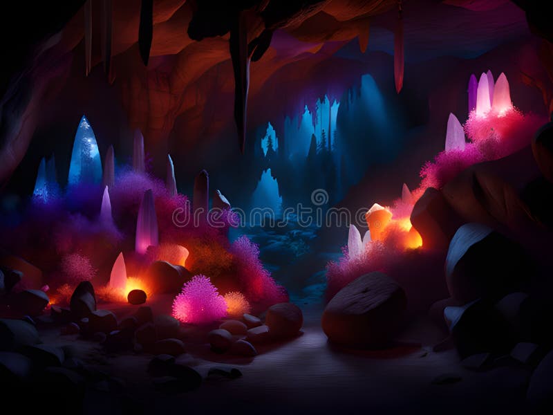 Dark Night Cave with Colorful Lights and Dark Mountains Stock ...