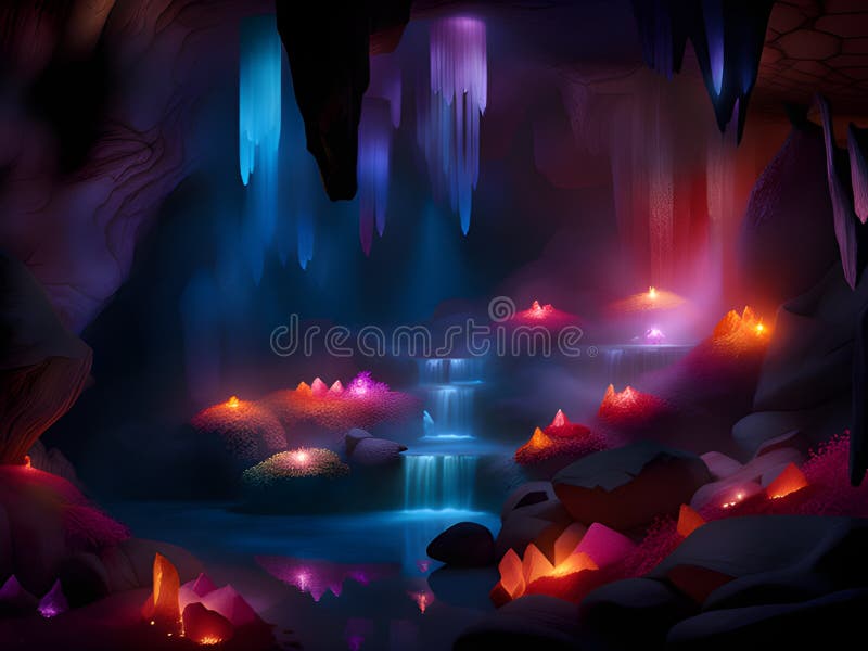 Dark Night Cave with Colorful Lights and Dark Mountains Stock ...