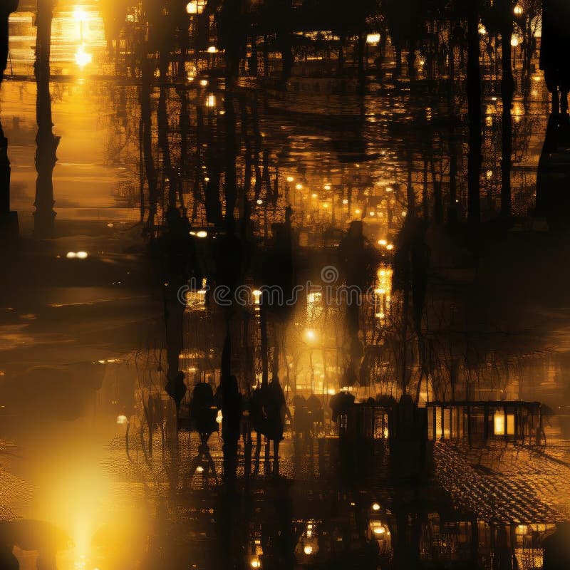 Dark Night in the City with Distorted Figuration and Luminous Water ...