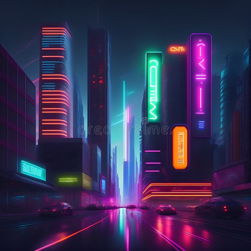 Dark Night City with Many Neon Signs. Stock Image - Image of panorama ...