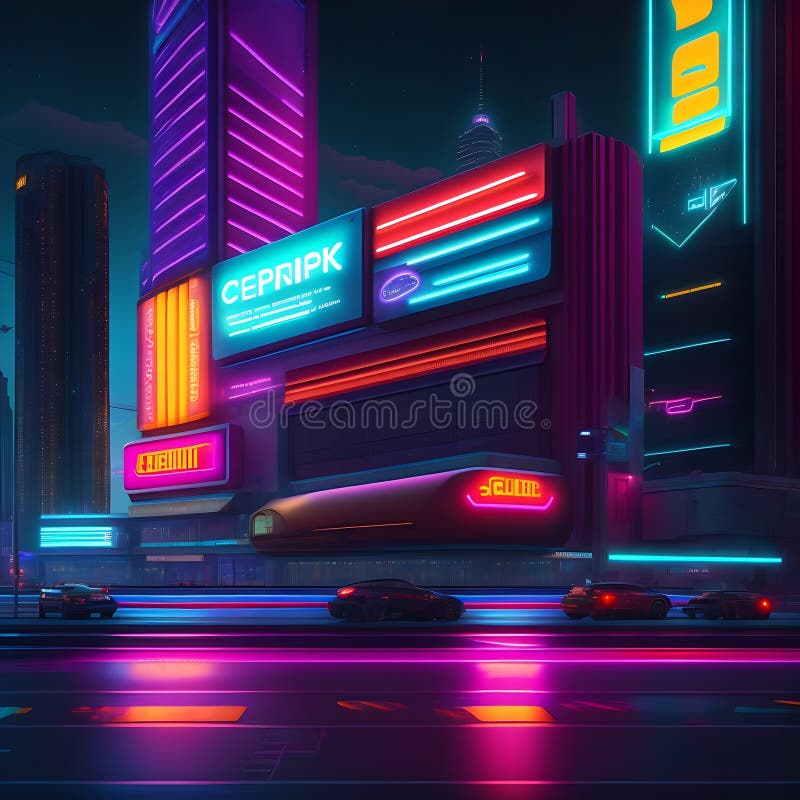 Dark Night City with Many Neon Signs. Stock Photo - Image of blue ...