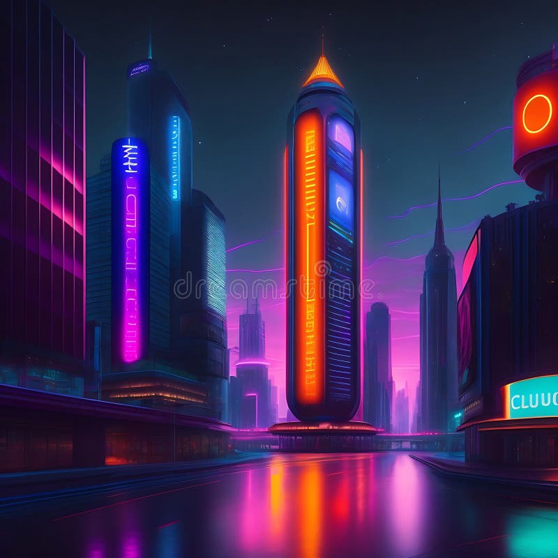 Dark Night City with Many Neon Signs. Stock Photo - Image of neon ...