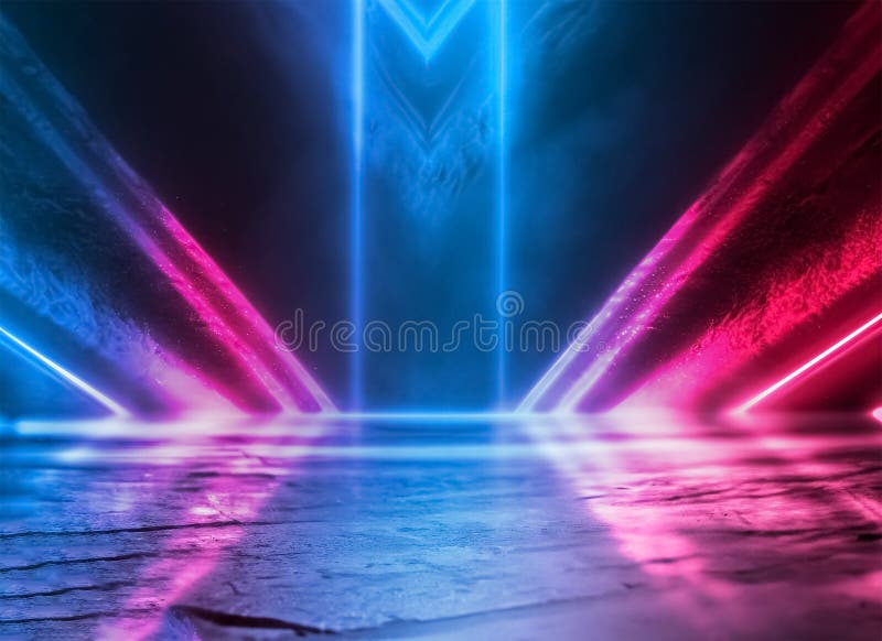 Dark Night Empty Scene Wet Asphalt Red Blue Neon Smoke Reflection of ...