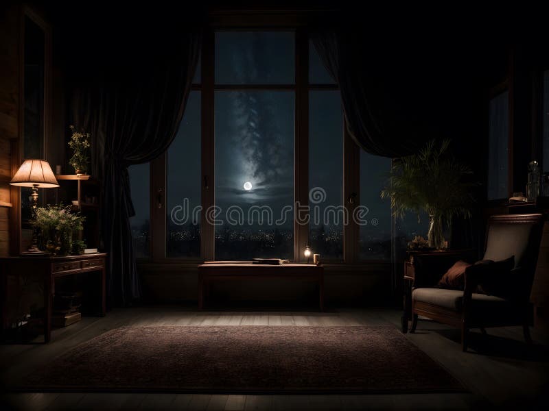 A Cozy Room with a Nice View at Night Stock Photo - Image of moon, dark ...