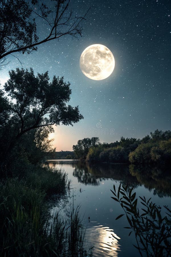 Dark Night with Full Moon Reflected in Lake Stock Illustration ...