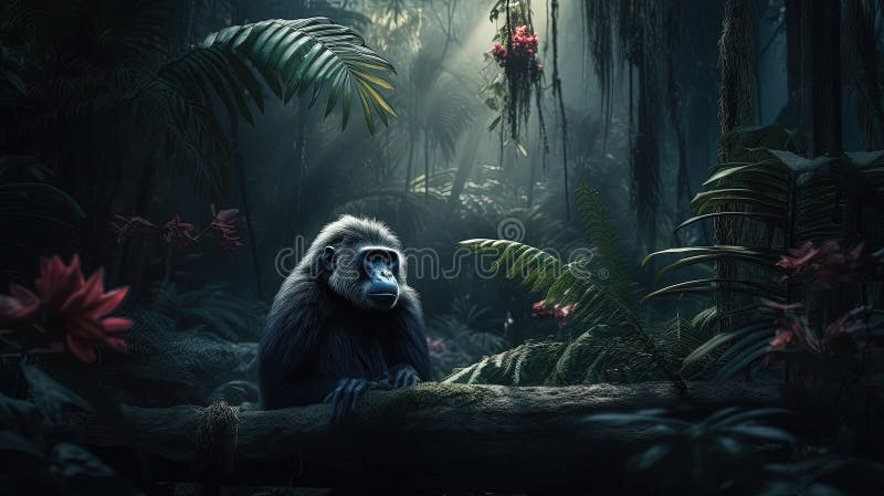 Dark Night Jungle with a Mandrills, Generative Ai Stock Illustration ...