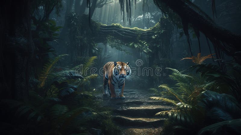 Dark Night Jungle with a Tiger, Generative Ai Stock Illustration ...