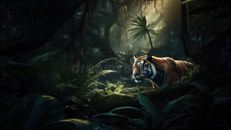 Dark Night Jungle with a Tiger, Generative Ai Stock Illustration ...