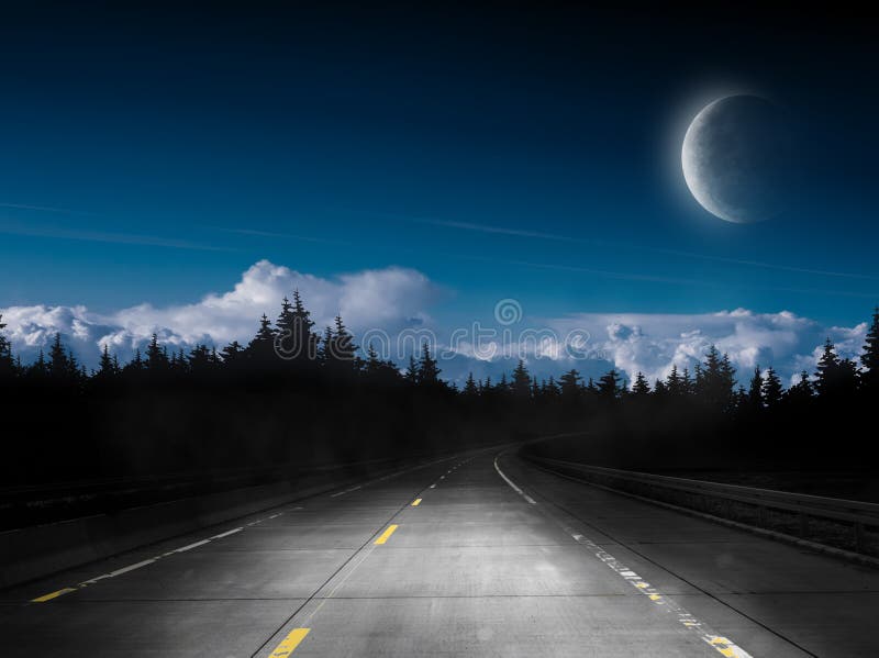 Dark Night Road through Forest and Sky with Moon Stock Image - Image of ...