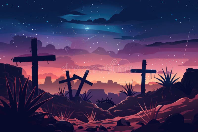 A Dark Night Scene with Three Crosses on a Hill. Suitable for Religious ...