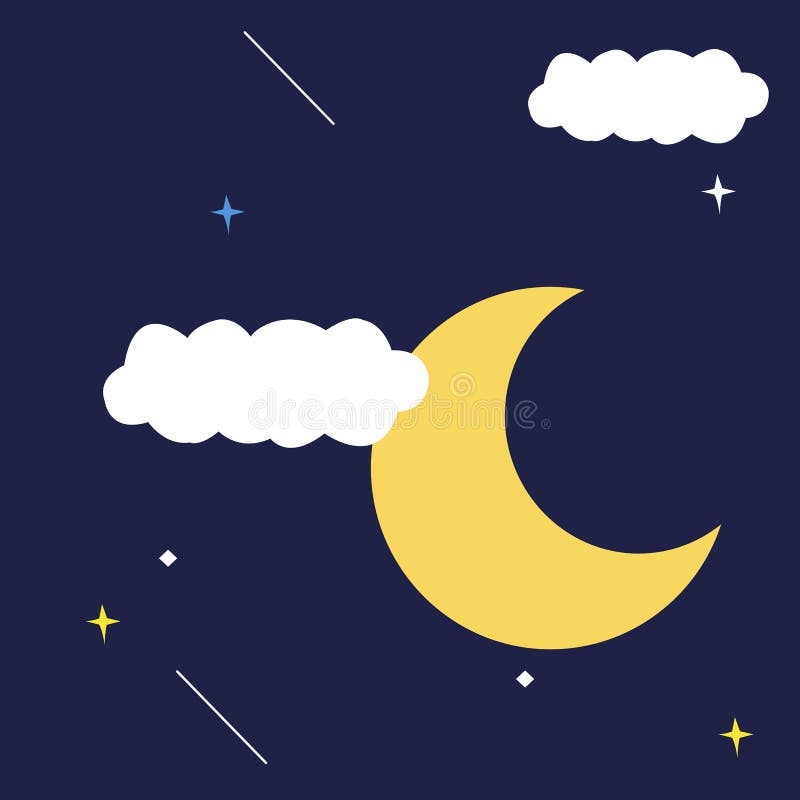The Dark Night Sky. Half Moon, Stars and Clouds in Midnight. Vector ...