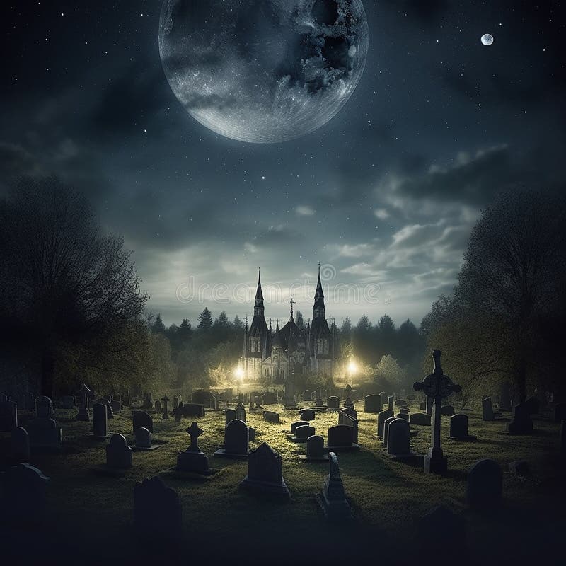 Moonlit Graveyard Scene with Gravestones. Stock Illustration ...