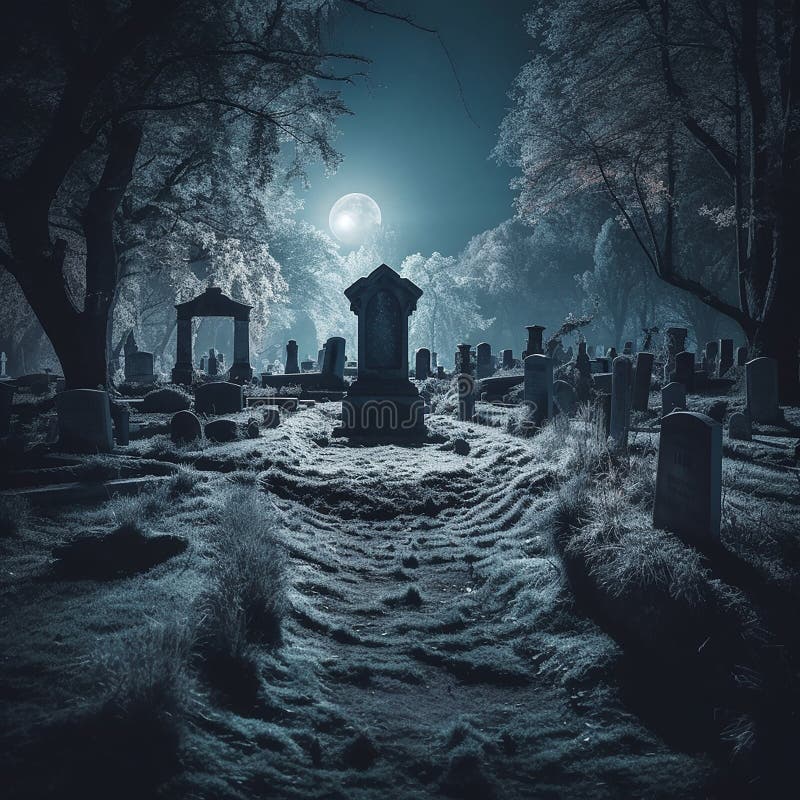 Moonlit Graveyard Scene with Gravestones. Stock Illustration ...
