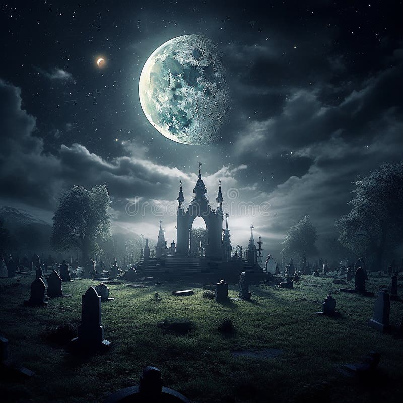 Moonlit Graveyard Scene with Gravestones. Stock Illustration - Illustration of midnight ...