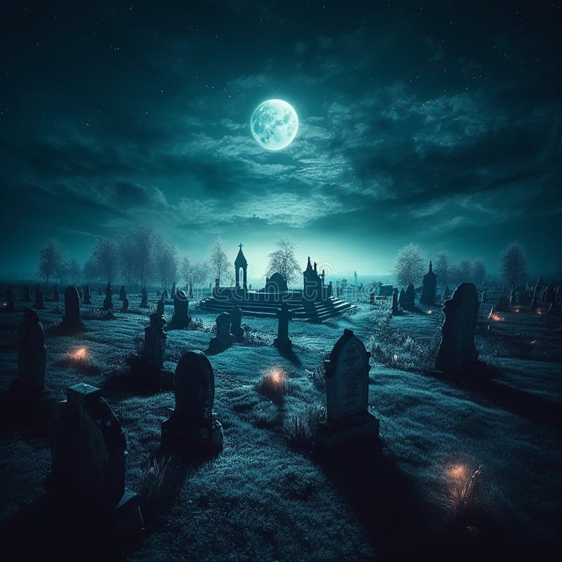 Moonlit Graveyard Scene with Gravestones. Stock Illustration ...