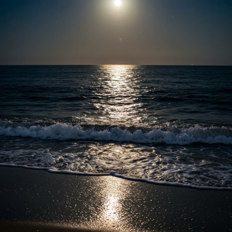 Dark Ocean Beach at Night with Moonlight Reflection Stock Illustration ...