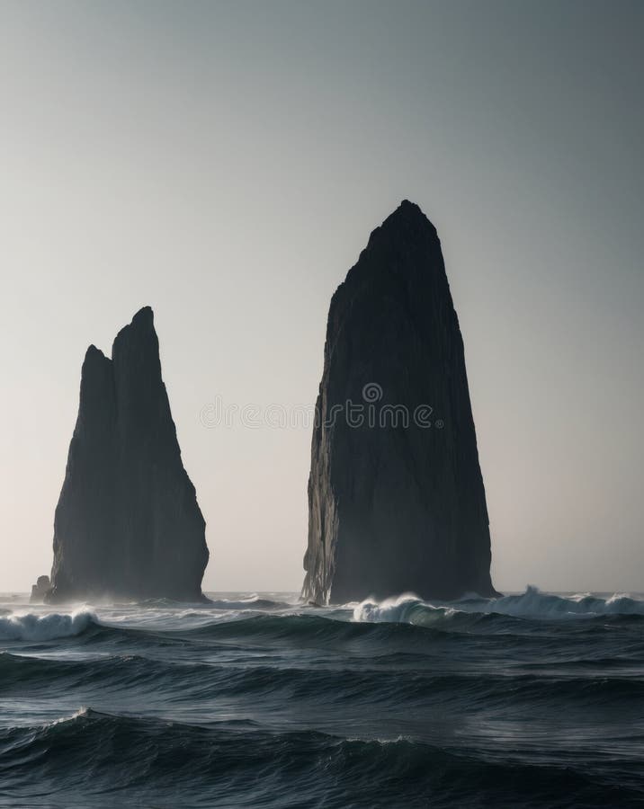 Dark Ocean Scene with Towering Rock Formations. Stock Image - Image of ...