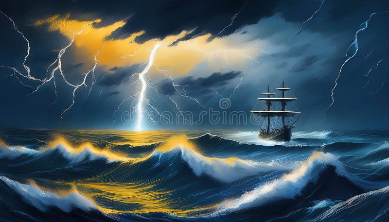 Dark Ocean Storm with Distant Ship Stock Illustration - Illustration of ...